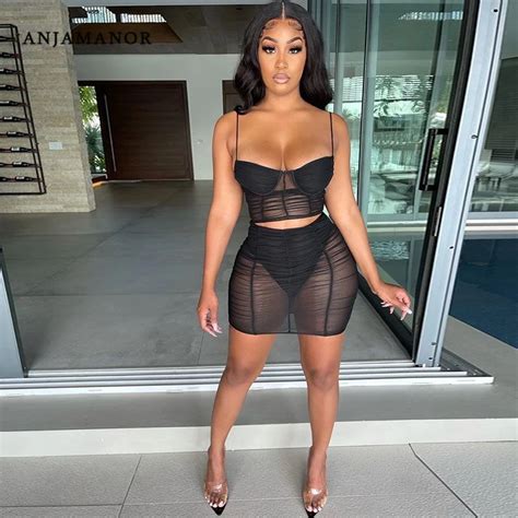 Anjamanor Sexy Sheer Mesh Bandage Dress Sets Club Two Piece Outfits