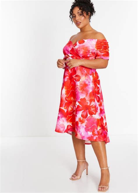 Quiz Pink Curve Floral Bardot Dip Hem Midi Dress Matalan