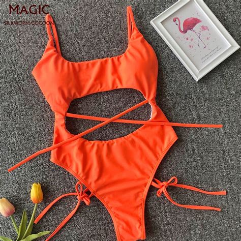New Orange Sexy Backless Thong One Piece Swimsuit Women Bandage Cut Out