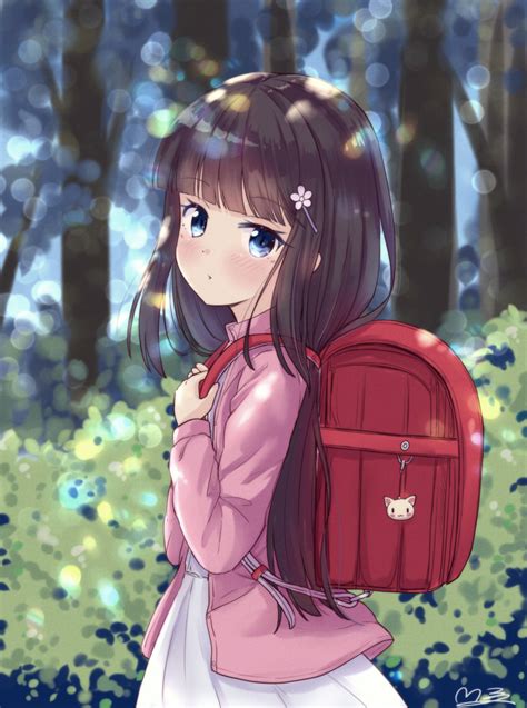 Safebooru 1girl Backpack Bag Bangs Black Hair Blunt Bangs Blurry Bush
