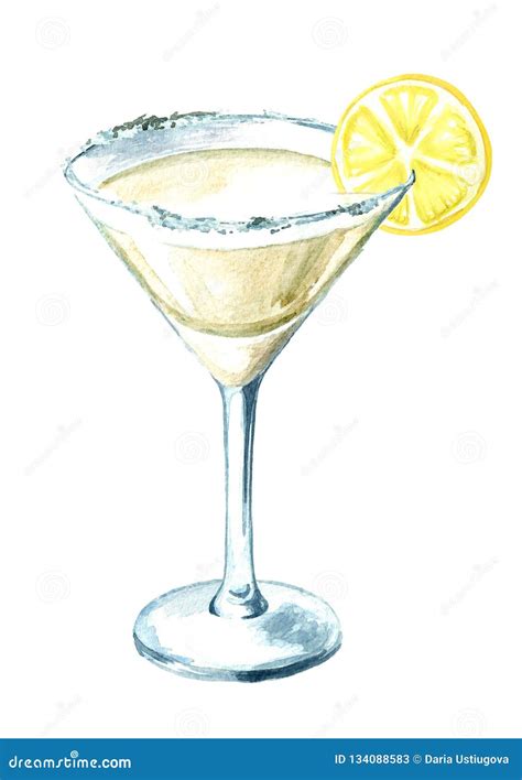 Glass Of Martini Cocktail With Lemon Slice Watercolor Hand Drawn