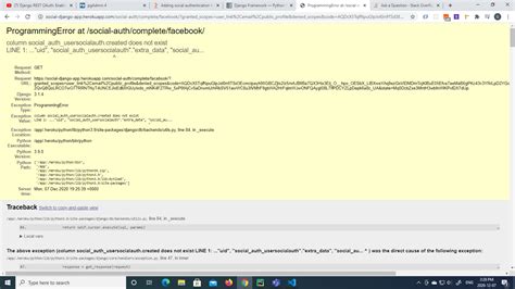 oauth 2 0 social auth app django error creating table for column