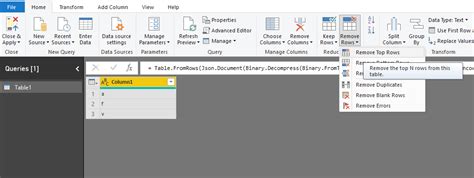 solved query editor delete first row microsoft power bi community
