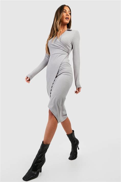 Ribbed Wrap Midi Dress Boohoo Uk