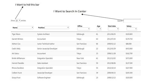 i want to search bar is center and hid show entries bar — datatables forums