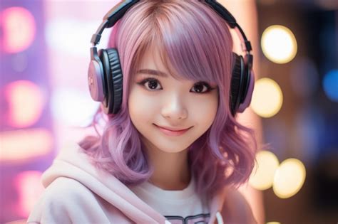 Premium Photo A Girl With Pink Hair Wearing Headphones
