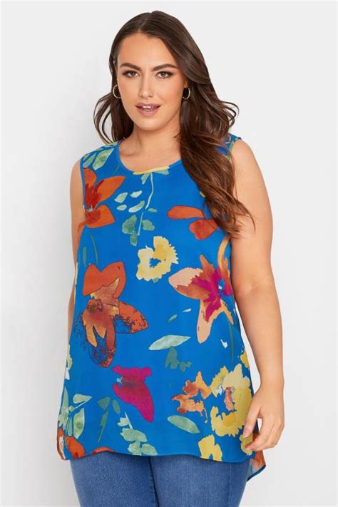 Plus Size Royal Blue Floral Print Swing Vest Top Yours Clothing