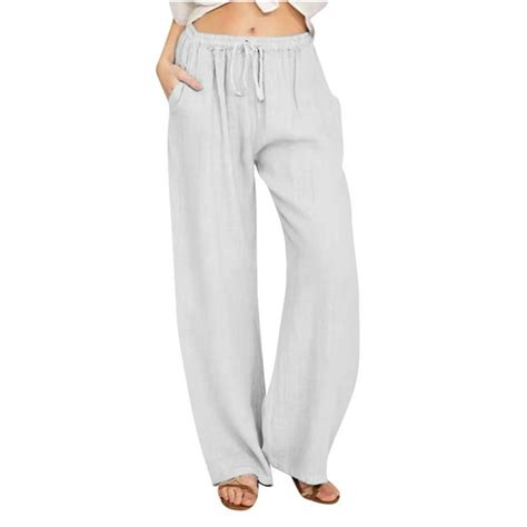 Womens Cotton Linen Pants Elastic Waist Drawstring Wide Leg Pants