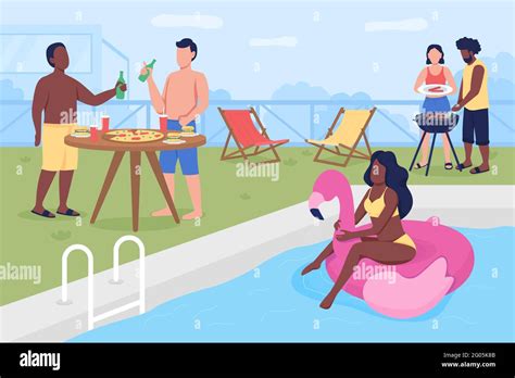 Swimming Pool Party Flat Color Vector Illustration Stock Vector Image