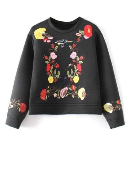 Crew Neck Flower Embroidered Sweatshirt Black Embroidered