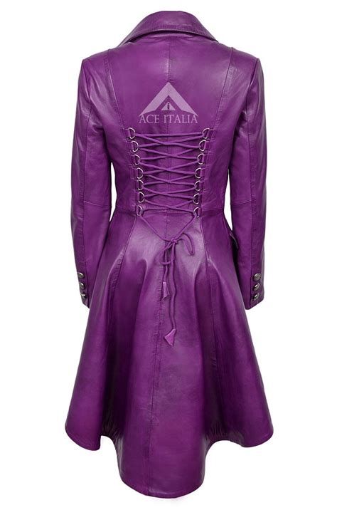 Edwardian Ladies Jacket Purple Real Leather Laced Back Flare Coat