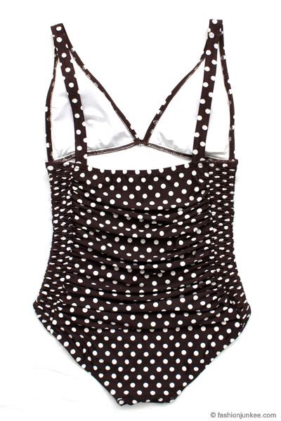 One Piece V Neck Ruched Polka Dot Swimsuit Brown And White
