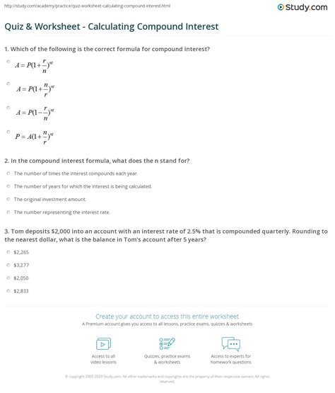 quiz and worksheet calculating compound interest
