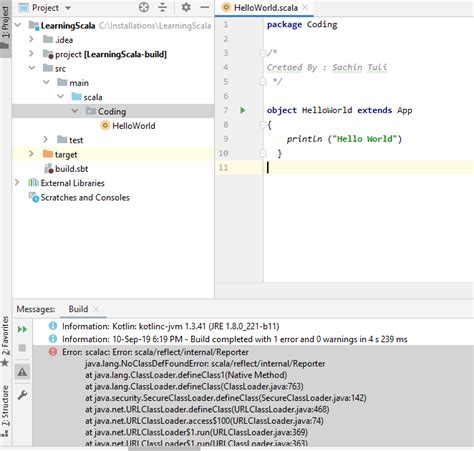intellij idea classnot found exception in helloworld program in scala