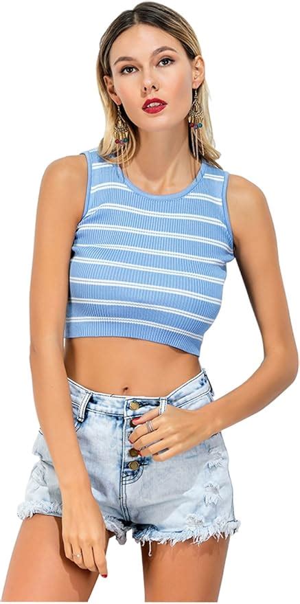 Chic Diary Frauen Damen Basic T Shirt ärmellos Gestrickt Gestreift Crop