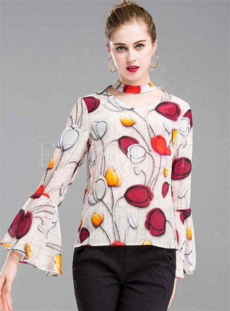 Floral Print Flare Sleeve Silk Blouse Flared Sleeves