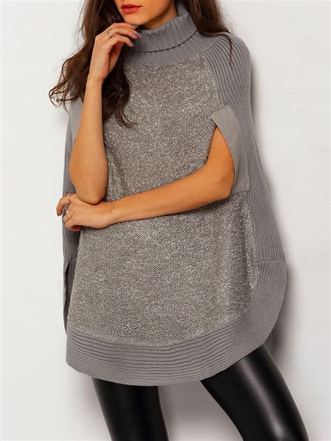 Grey High Neck Loose Cape Sweater Shein Sheinside