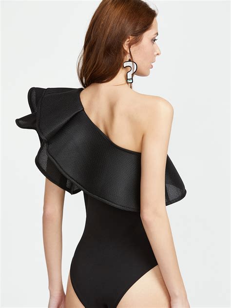 One Shoulder Layered Ruffle Trim Bodysuit Shein Sheinside