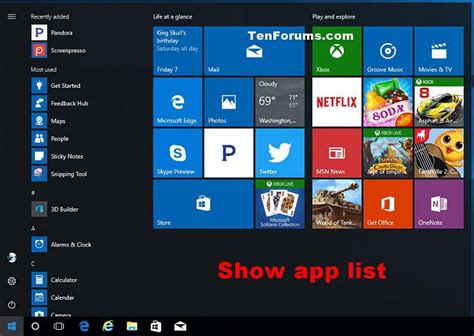 start menu app list hide or show in windows 10 windows 10 forums