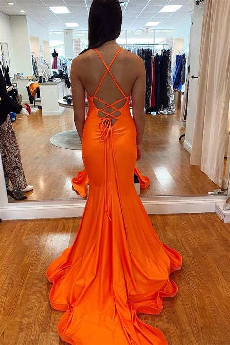 Queendancer Women Orange Long Prom Dress With Slit Mermaid Lace Up Back