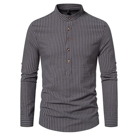 Mens Long Sleeve Striped Stand Collar Shirt
