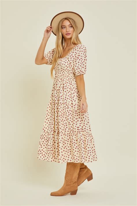 Cream Floral Puff Sleeve Tiered Midi Dress Pinkblush