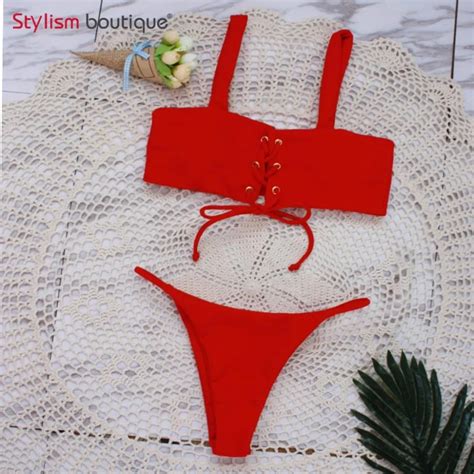 Sexy Solid Rib Brazilian Bikini Set Swimsuit Lacing Swimwear Women