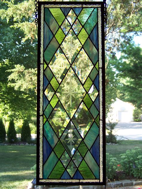Stained Glass Panel Blue Green And Beveled Diamonds Etsy