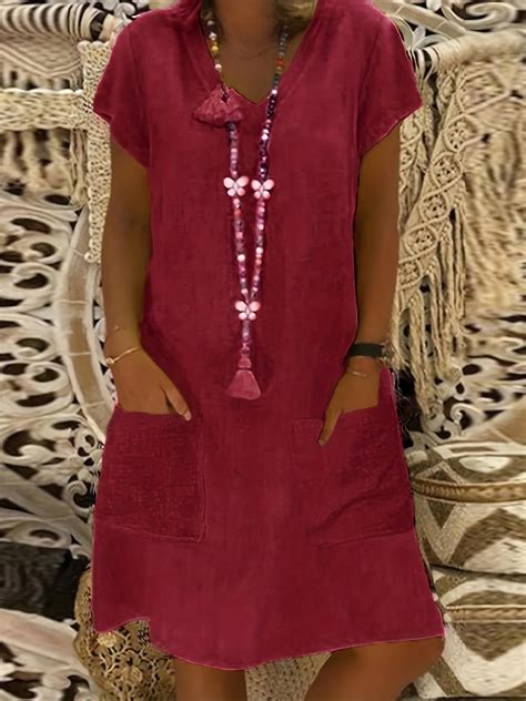 Summer Boho V Neck Tunic Casual Knee Length Easy Care Dress With