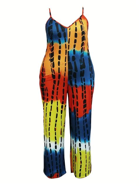 Plus Size Casual Jumpsuit Womens Plus Tie Dye V Neck Wide Temu
