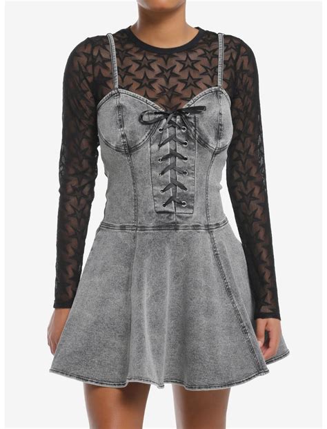 Social Collision Grey Denim And Black Star Mesh Twofer Dress Hot Topic