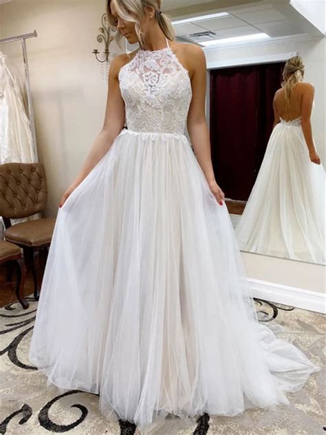 Halter Neck White Lace Backless Tulle Long Prom Dresses Backless Lace