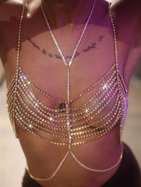 1pc Delicate Shiny Chain And Rhinestone Detail Body Chain Necklace