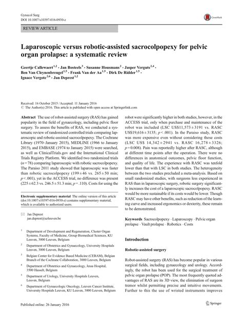 Pdf Laparoscopic Versus Robotic Assisted Sacrocolpopexy For Pelvic