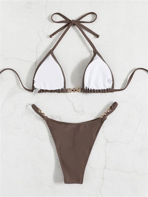 Shein Swim Sxy Solid Bikini Set Chain Linked Micro Triangle Bra And Thong