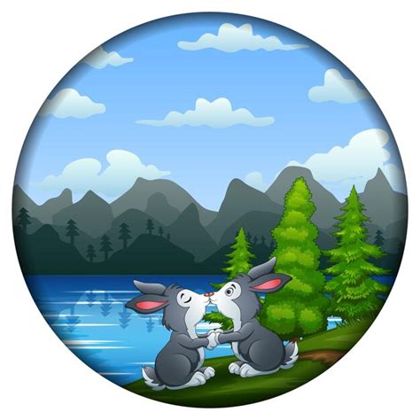 Em Torno Do Quadro Com Uma Foto De Um Coelho Beijando à Beira Do Lago
