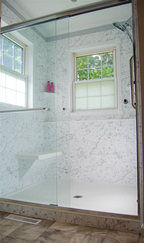 Check Out This Faux Marble Walk In Shower With Grab Bar Shower Seat