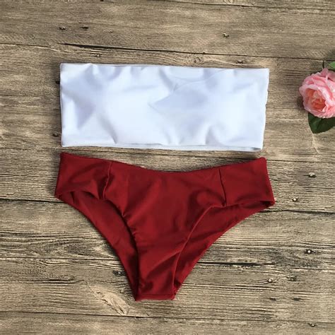 Solid Sexy High Waist Swimsuit Tube Top Bikini Bandeau Thong Women
