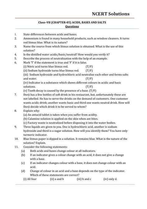 Ncert Solutions For Class 7 Science Chapter 5 Acids Bases And Salts