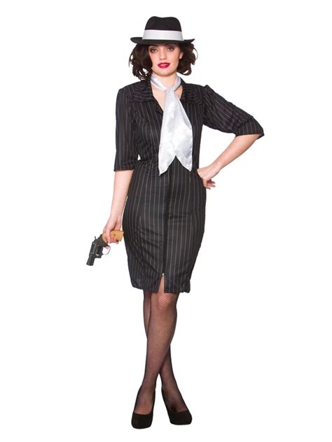 Ladies Sexy Black Gangster Moll 20s 1920s Fancy Dress Pinstripe Costume