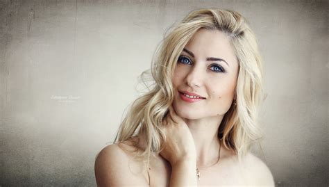 Women Blonde Face Blue Eyes Smiling Portrait Bare Shoulders Wide Jaw