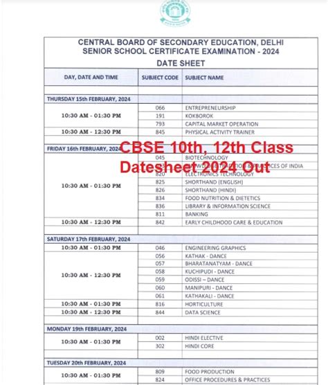 Cbse Date Sheet 2024 Out Class 10th 12th Exam Dates Pdf