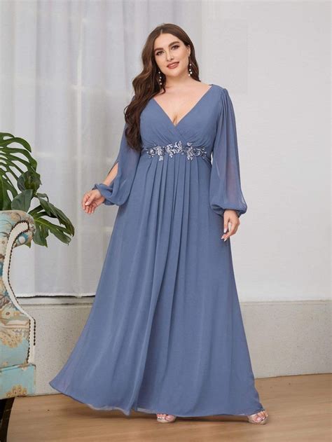 Stylish Chiffon Plus Size Evening Dresses With Long Lantern Sleeves