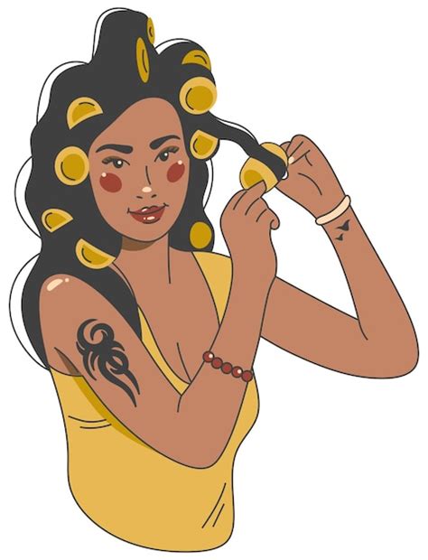 Premium Vector A Darkskinned Brunette With A Tattoo Curls Her Hair In