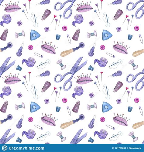 Watercolor Seamless Pattern With Sewing Accessories And Attributes