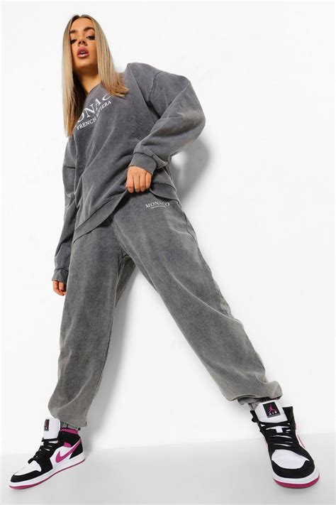 Oversized Acid Wash Slogan Print Tracksuit Boohoo