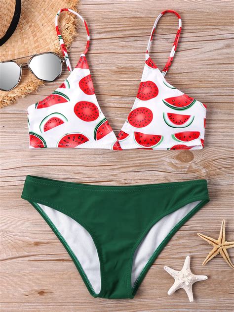 Bikini Watermelon Print Plunging Bikini Set Color Block Women Swimsuit