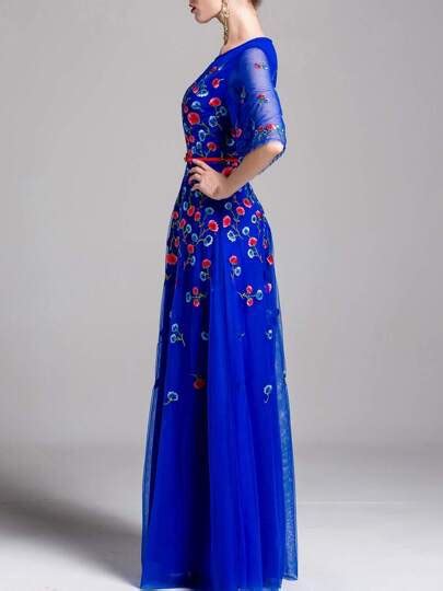 Flowers Embroidered Belted Maxi Dress Shein Sheinside