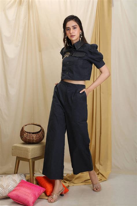 Navy Crop Top Pant Set