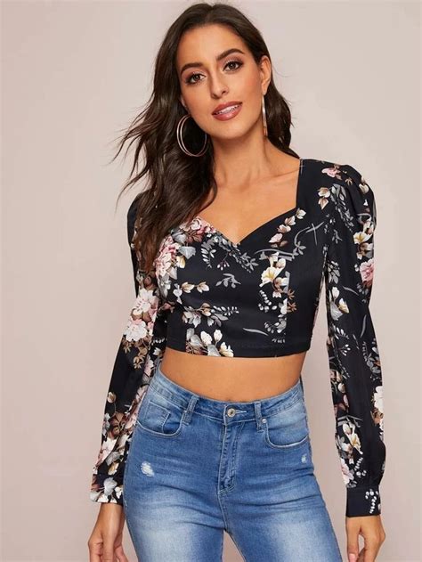 Women Backless Knot Sweetheart Neck Floral Print Crop Top In 2020